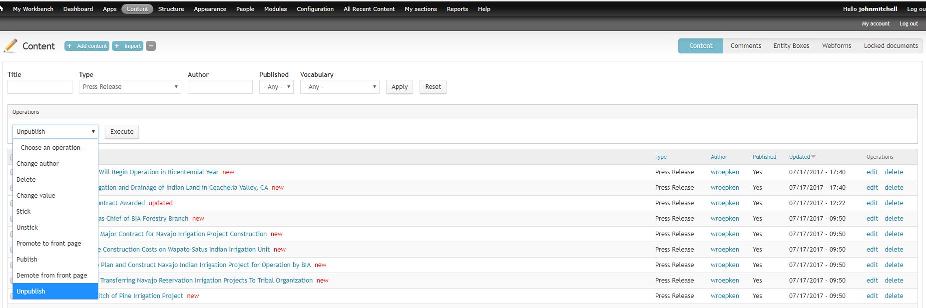 Workbench Access I do not see within admin/content the 'Set editorial section' option [#2895338 ...